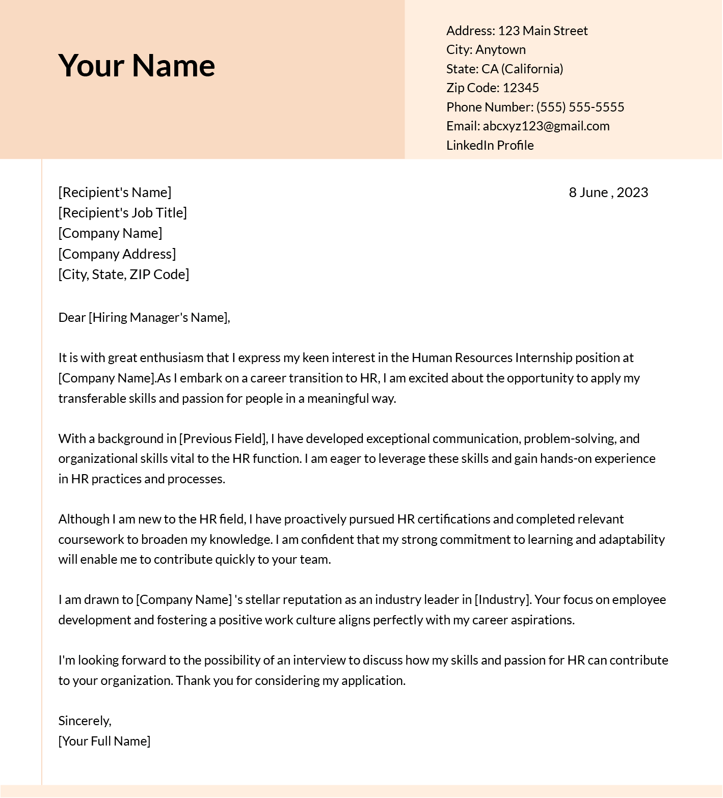 Hr Intern Cover Letter Example
